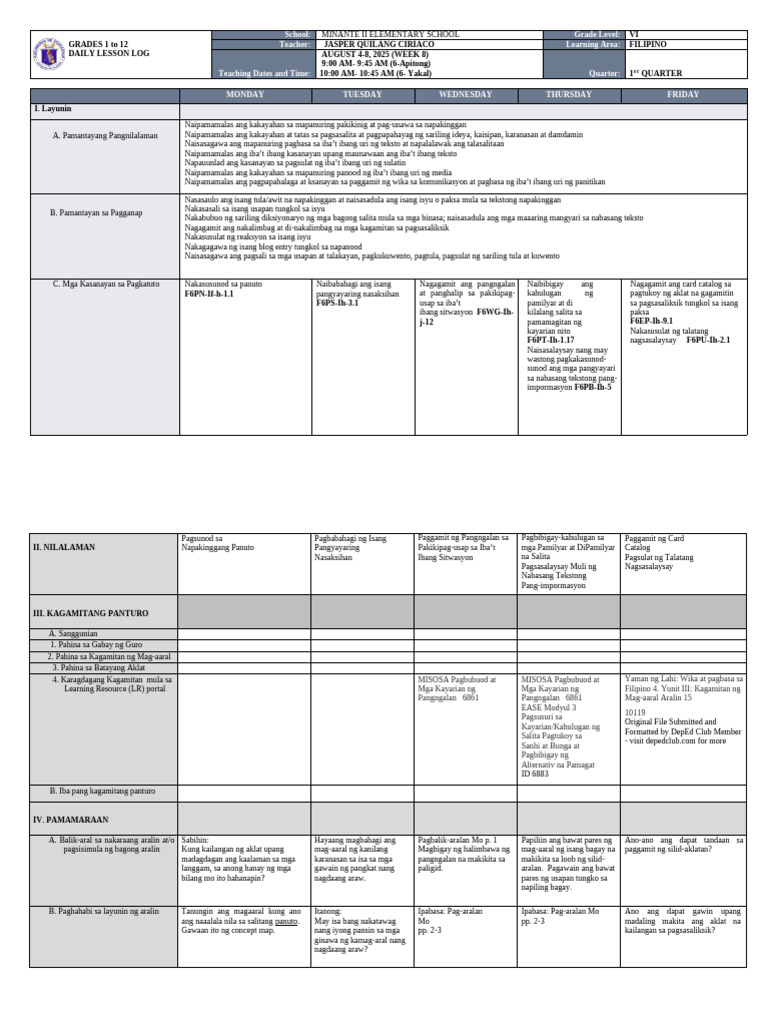 Sir Jasper DLL - Filipino 6 - Q1 - W8 | PDF
