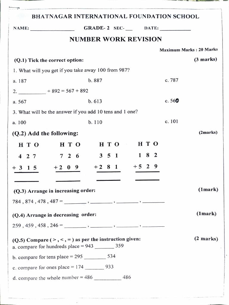 Grade 2 Math Revision Worksheet | PDF