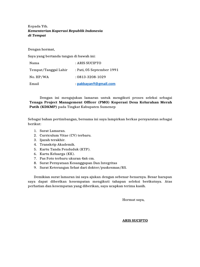 Lamaran Kerja Aris Sucipto | PDF