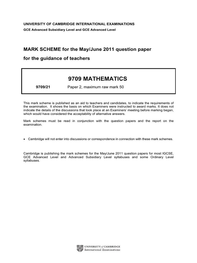 Mark Scheme for 9709 S21 Mathematics | PDF | Applied Mathematics ...
