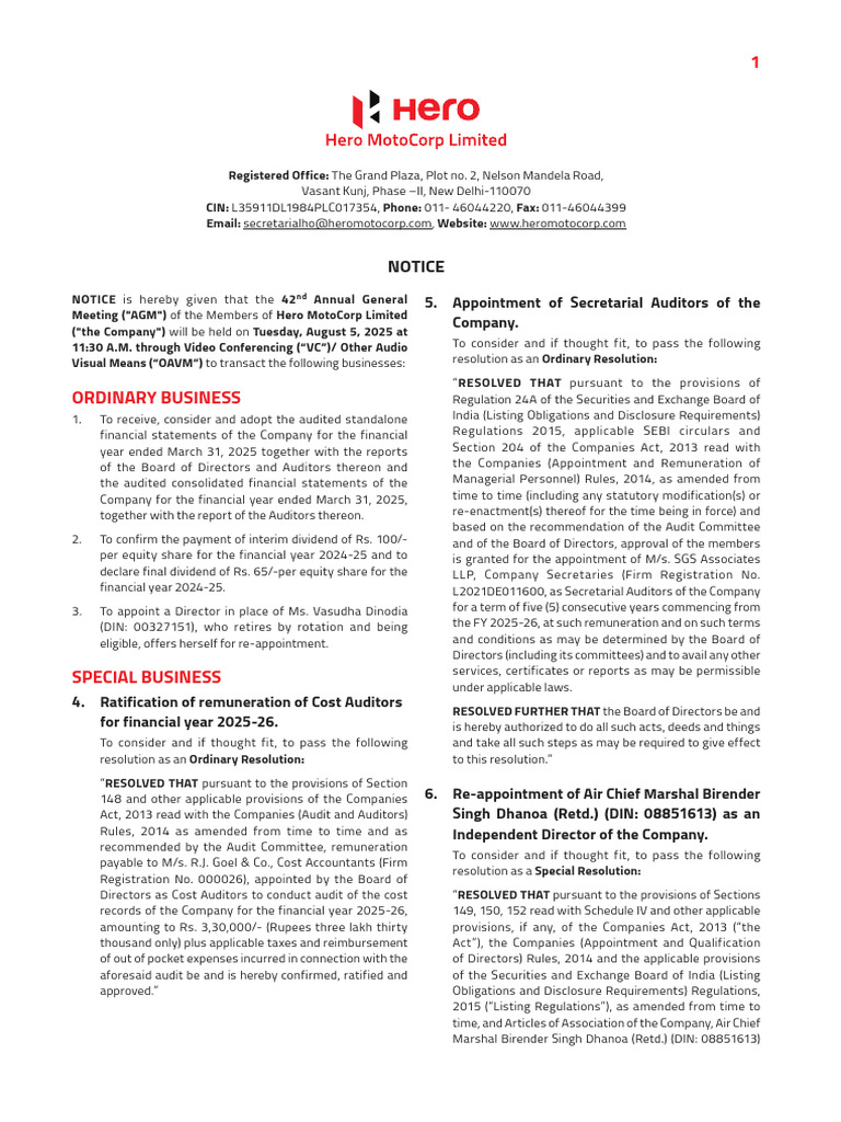 Hero MotoCorp 42nd AGM Notice 2025 | PDF | Login | Electronic Voting