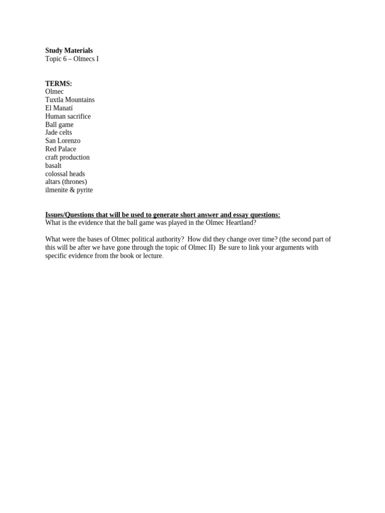 Olmec Civilization Study Guide | PDF