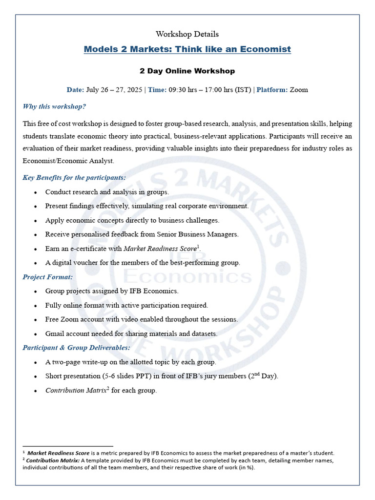 Models 2 Markets Workshop Details | PDF | Economics