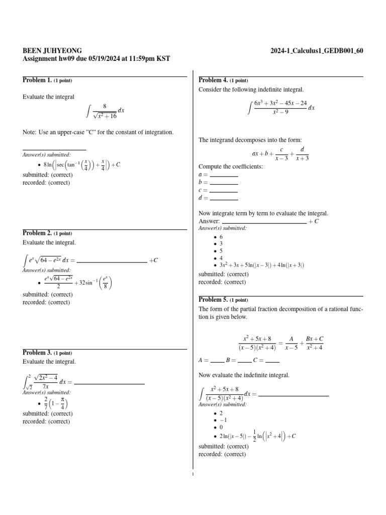 2024-1 Calculus1 GEDB001 60.2024313951.hw09 | PDF | Integral | Algebra