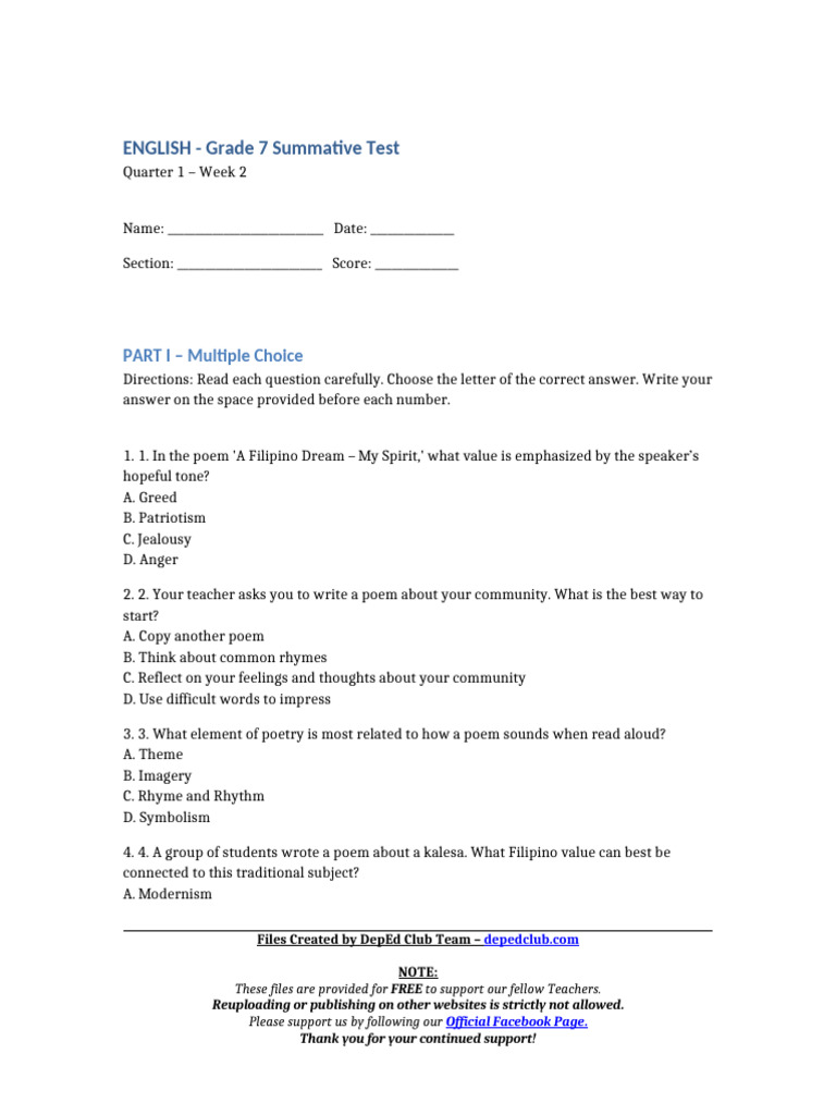 Grade 7 English Poetry Test Guide | PDF | Poetry | Rhyme