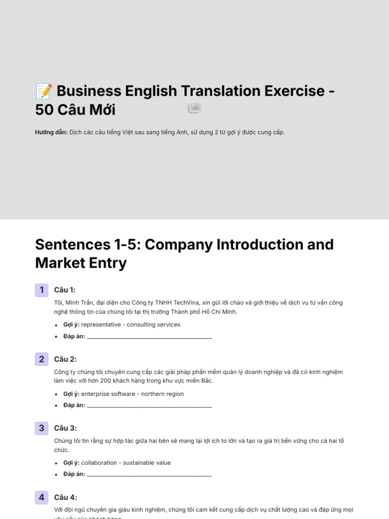 50 SENTENCES ENG To VN Business English Translation Exercise 50 Cau Moi ...