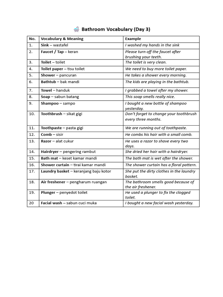 (Day 3 - Vocabulary) Things in Bathroom | PDF