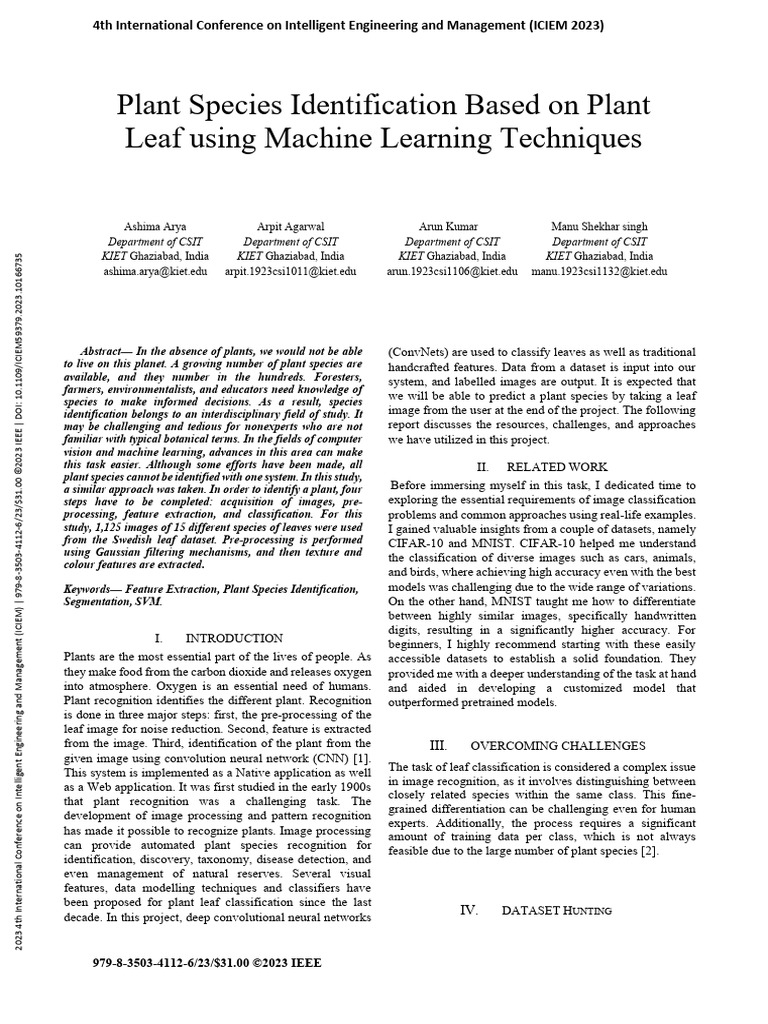 Plant Species Identification Based On Plant Leaf Using Machine Learning Techniques | PDF | Deep ...