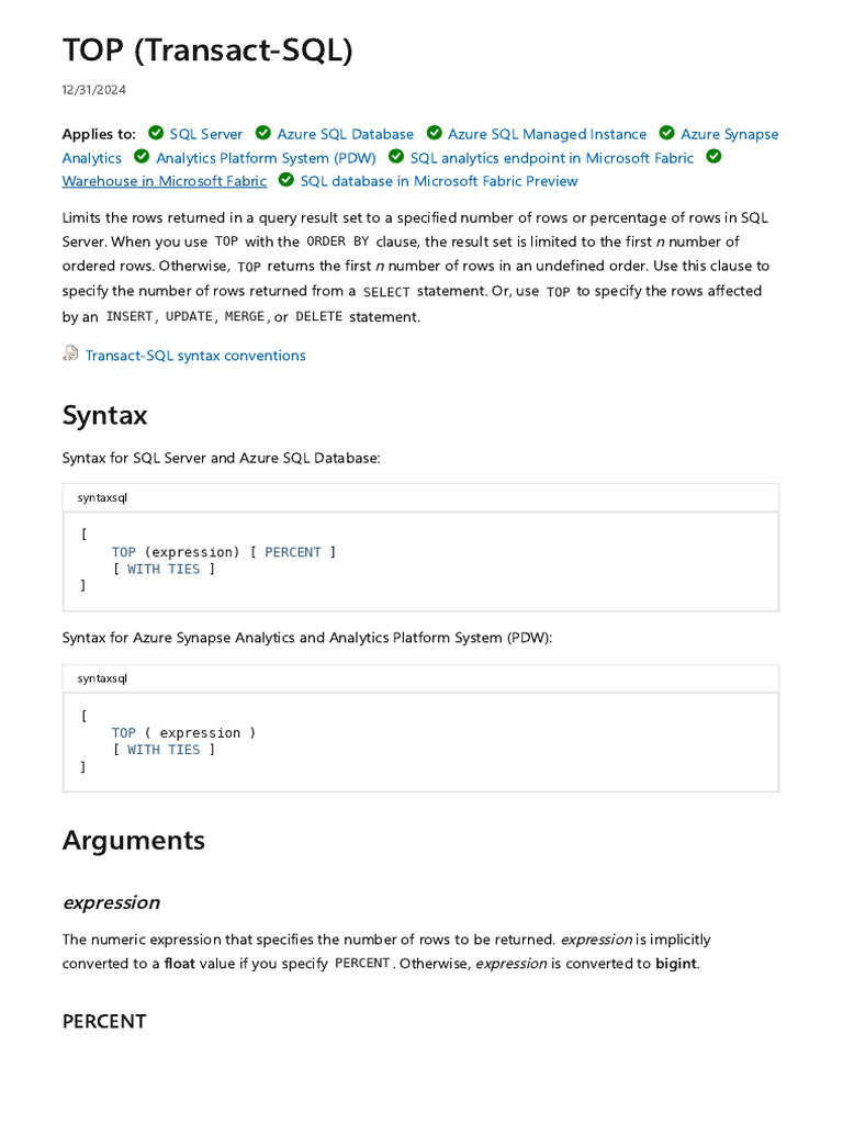 TOP (Transact-SQL) - SQL Server - Microsoft Learn | PDF | Software ...
