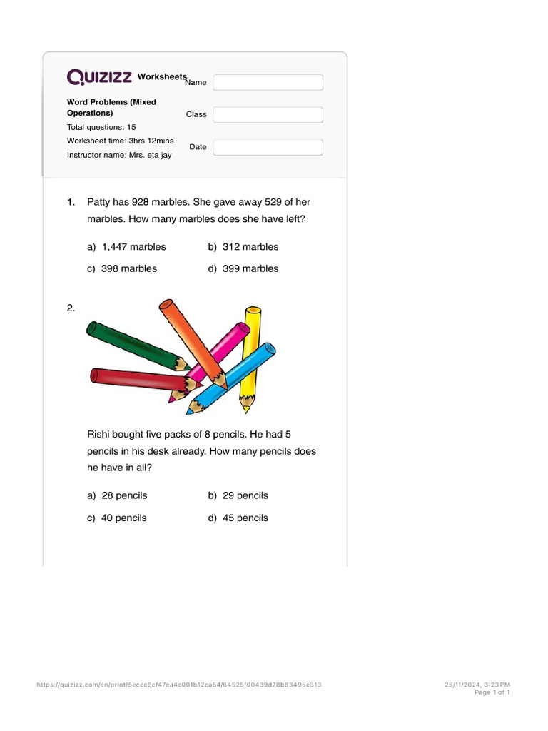 Mixed Operations Word Problems Worksheet | PDF