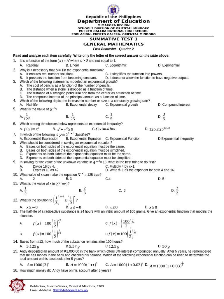 SUMMATIVE TEST - Exponential and Logarithm | PDF | Logarithm ...