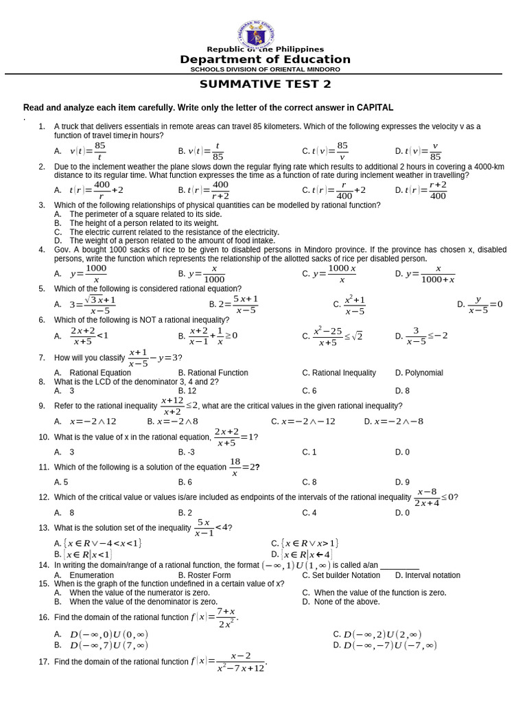Summative Test - Rational Functions | PDF | Physics