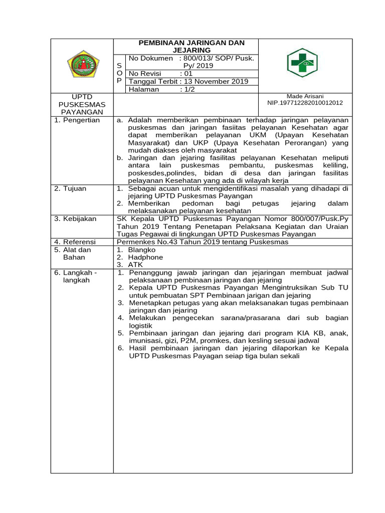 013. SOP PEMBINAAN JARINGAN DAN JEJARING | PDF