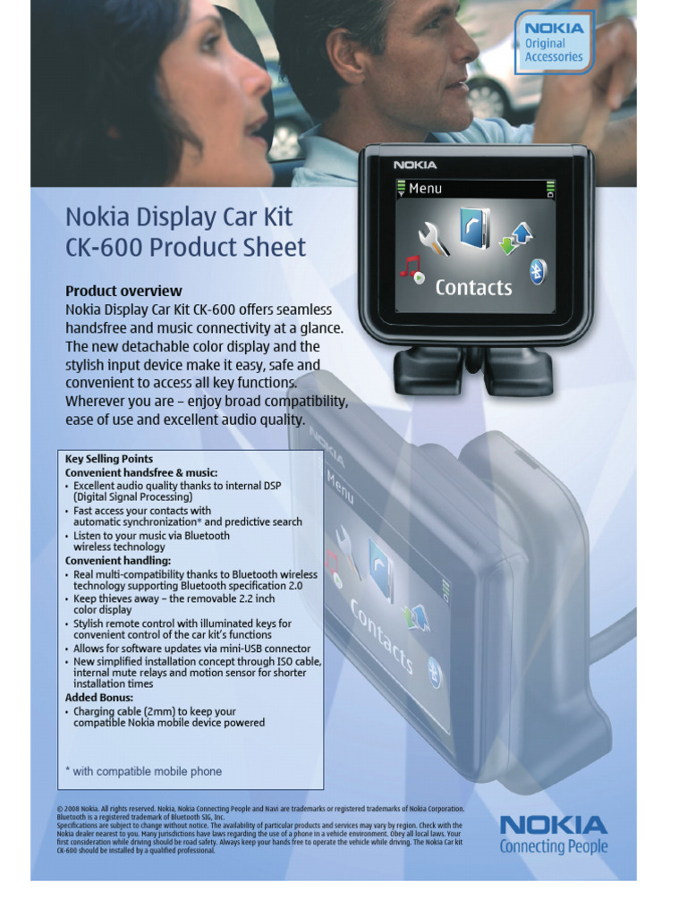 Nokia Car Kit CK 600 Datasheet | PDF | Bluetooth | Nokia