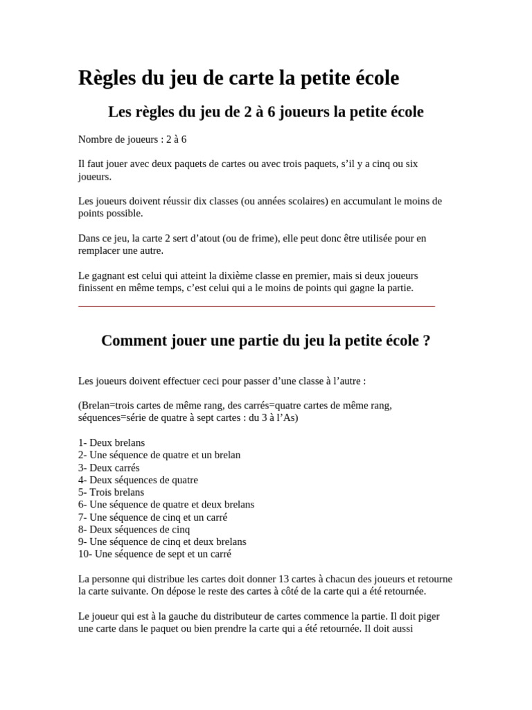 Règles du jeu de cartes La Petite École | PDF | Jeux de hasard
