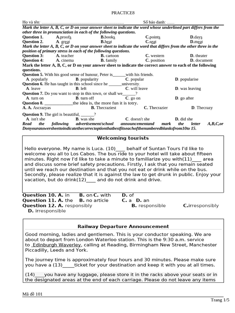 English Language Practice Test | PDF | Educational Assessment