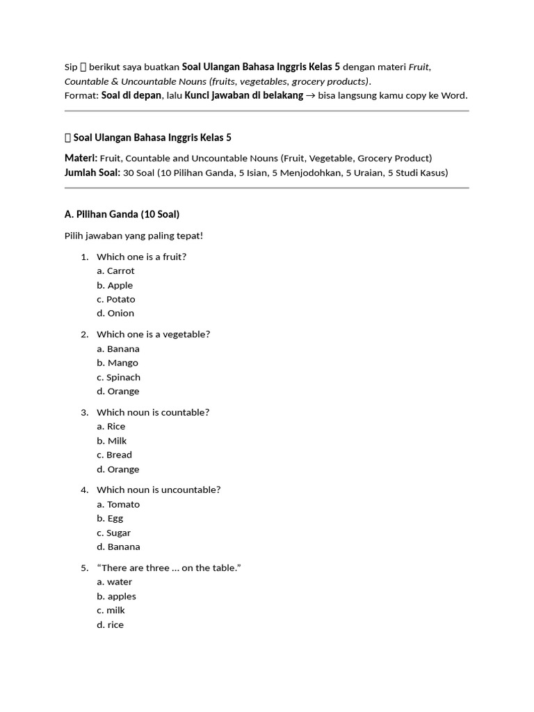 Soal Ulangan Bahasa Inggris Kelas 5 Dengan Materi Fruit | PDF