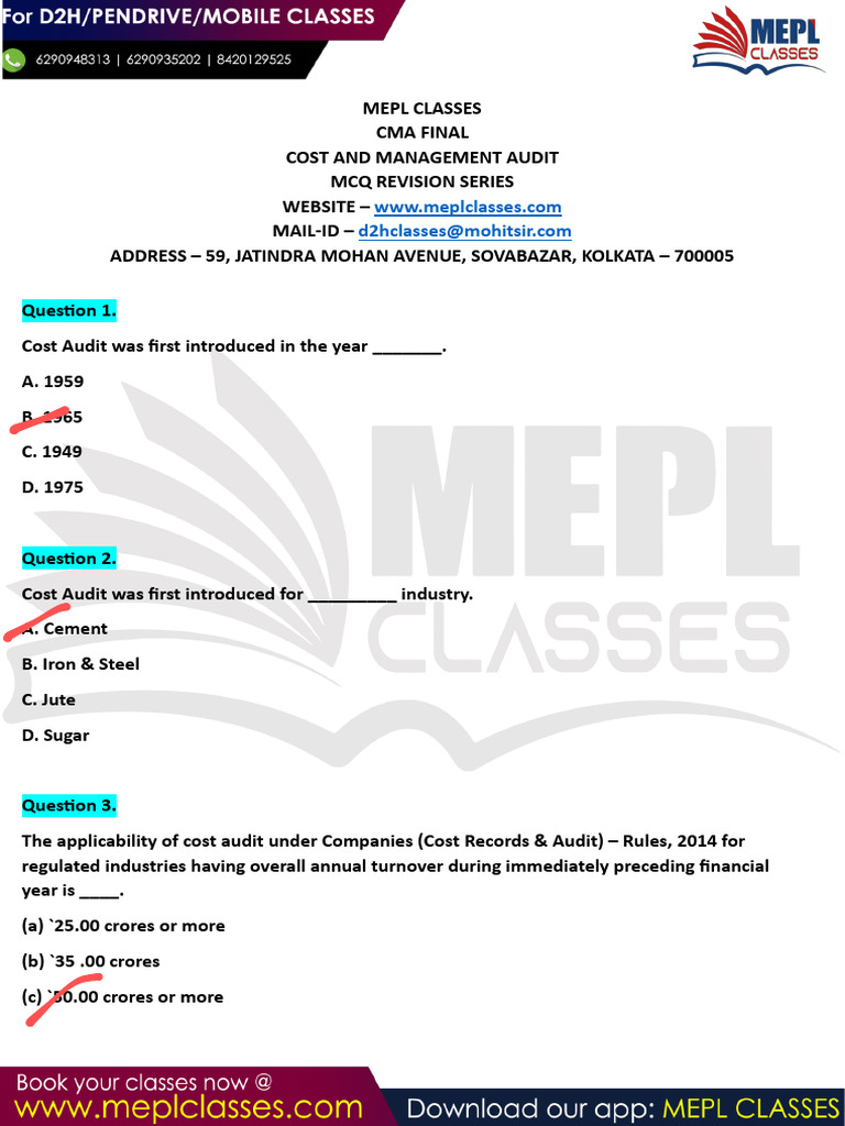 CMA Final Cost Audit MCQ Revision Guide | PDF | Audit | Business