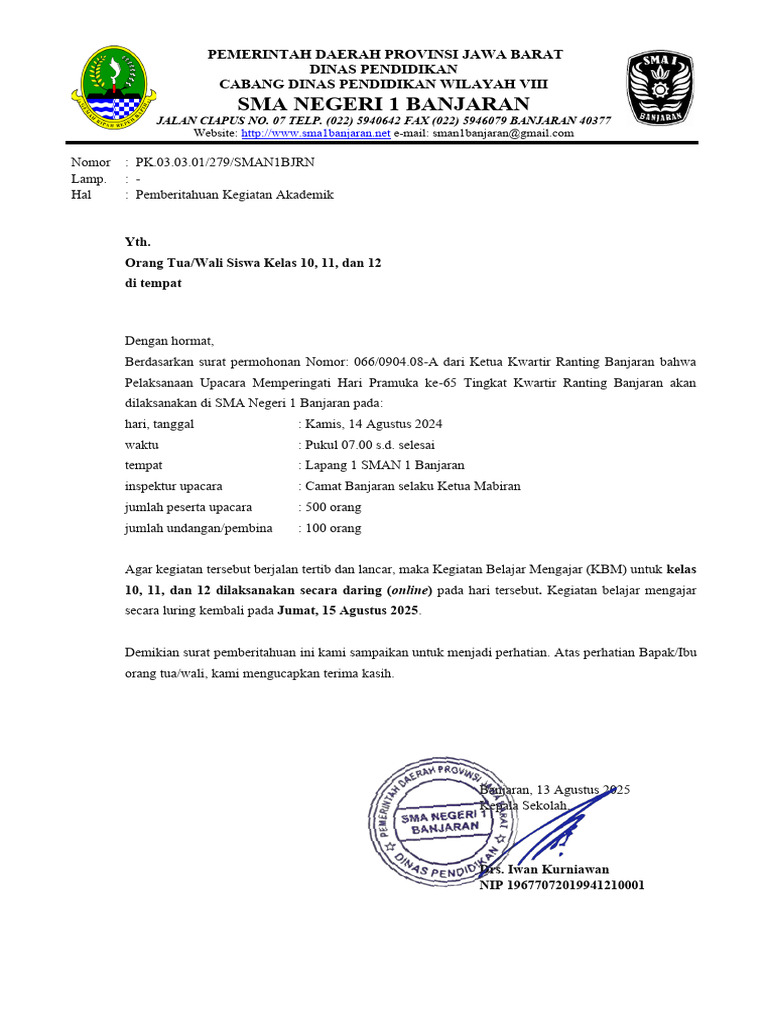 Surat Pemberitahuan Kegiatan Akademik - Orang Tua Siswa - 2025 | PDF
