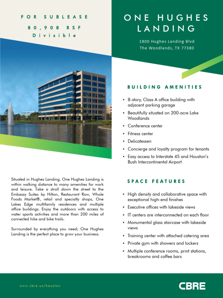 One Hughes Landing: For Sublease 8 0, 9 0 8 R S F Divisible | PDF ...