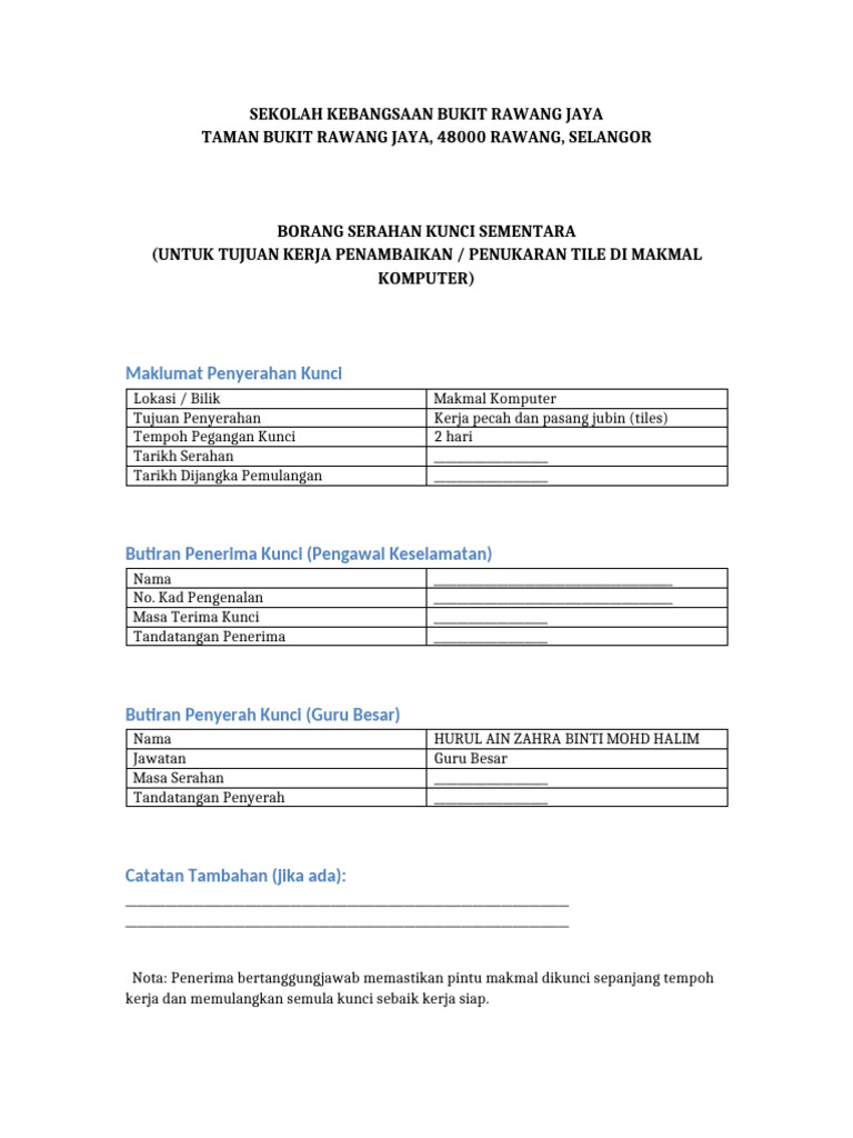 Borang Serahan Kunci Makmal | PDF
