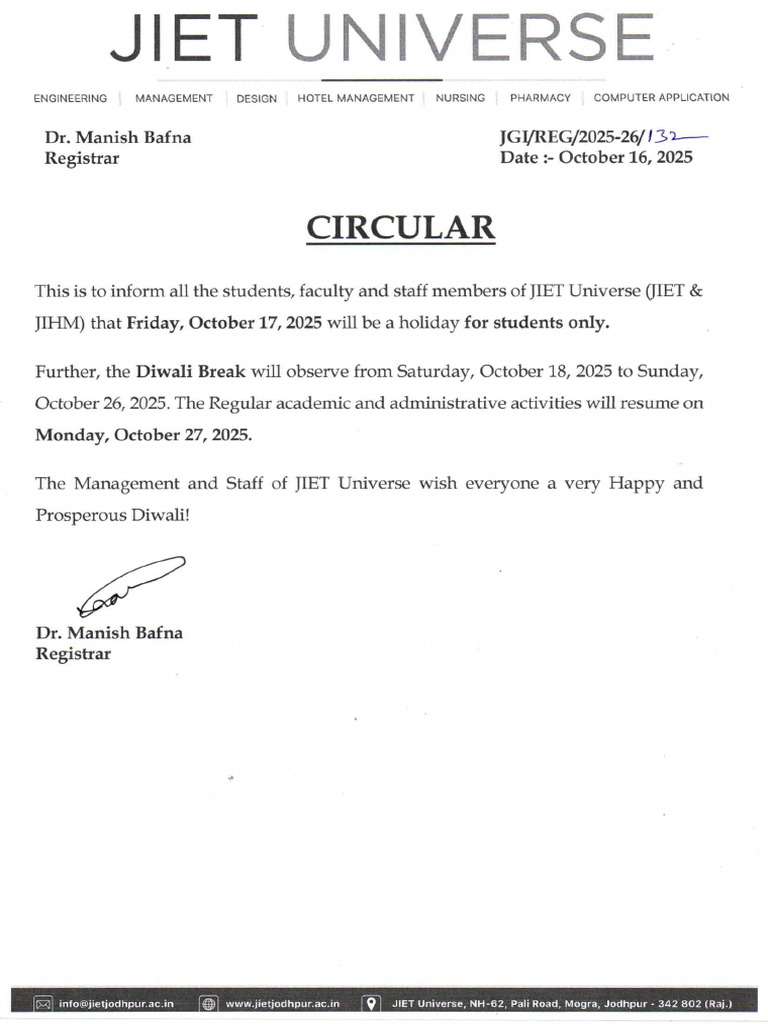 Circular - Holiday For Students and Diwali Break | PDF