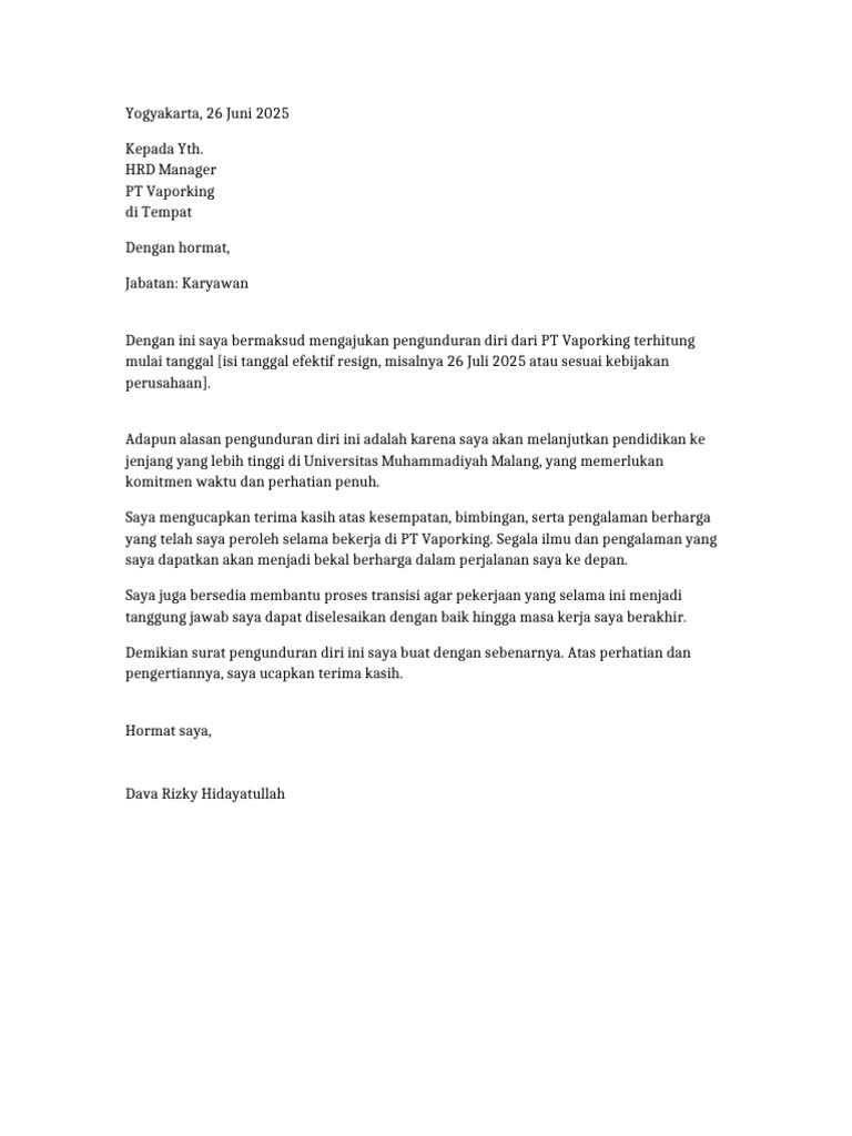 Surat Pengunduran Diri Dava Rizky Hidayatullah Final | PDF