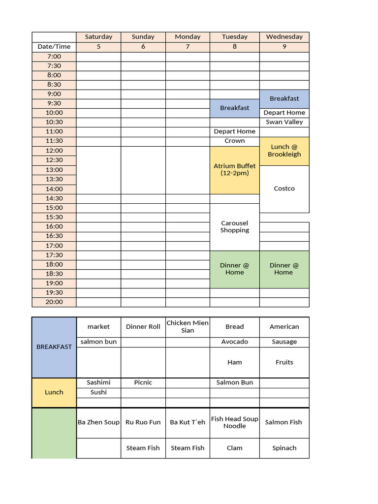 Template - One Week Itinerary (Simple) | PDF | Lunch | Western Cuisine