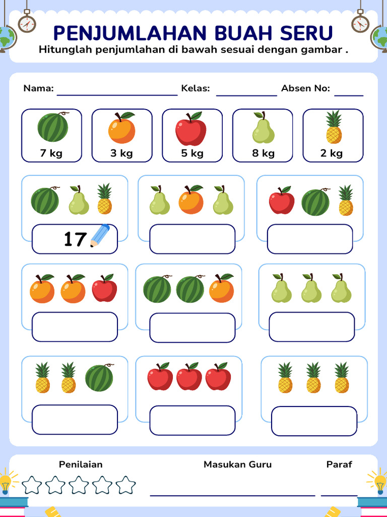 Soal Matematika Penjumlahan Koding Buah Lembar Kerja Biru Muda Ceria | PDF