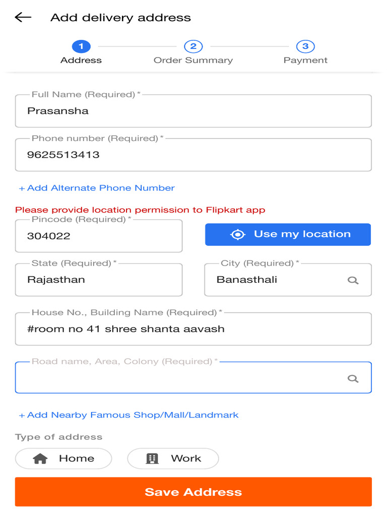 Add Delivery Address on Flipkart | PDF