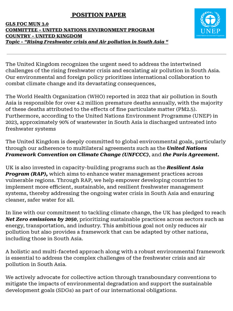 Uk Position Paper - Unep Gls Mun 2025 | PDF