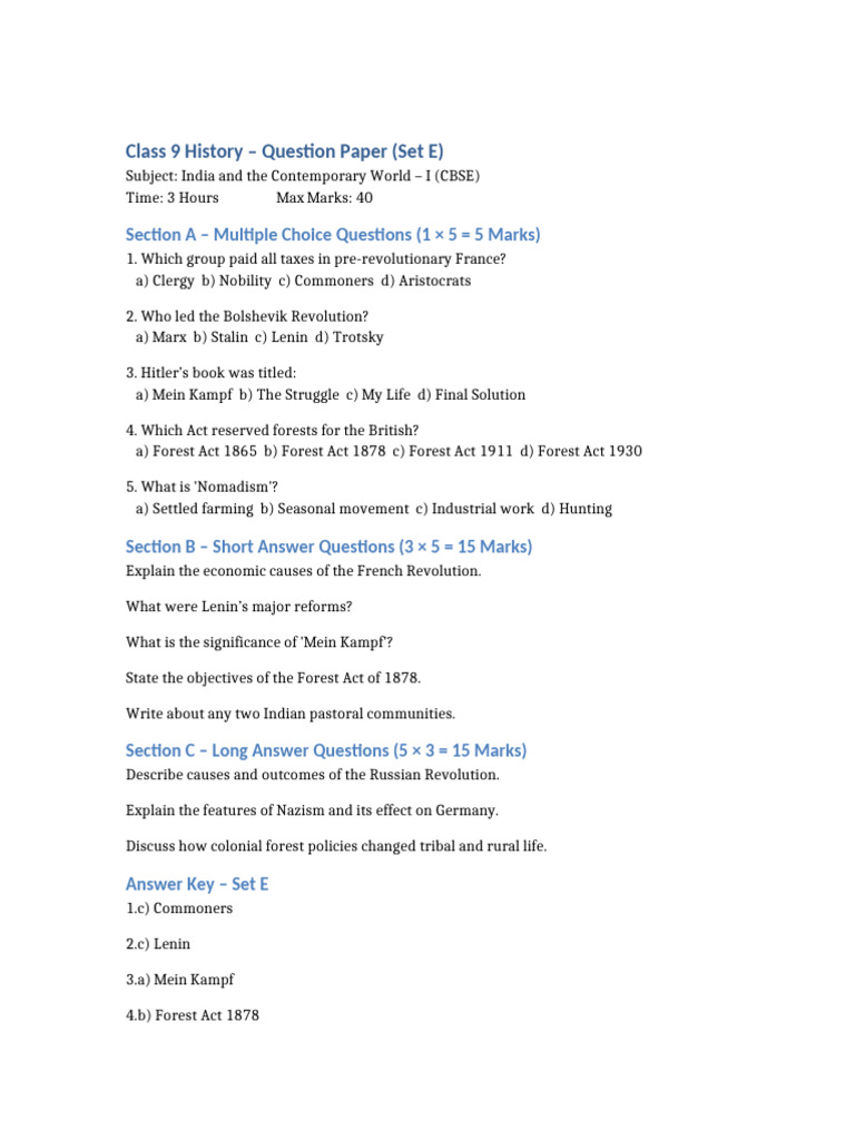 Class 9 History Question Paper Set E | PDF