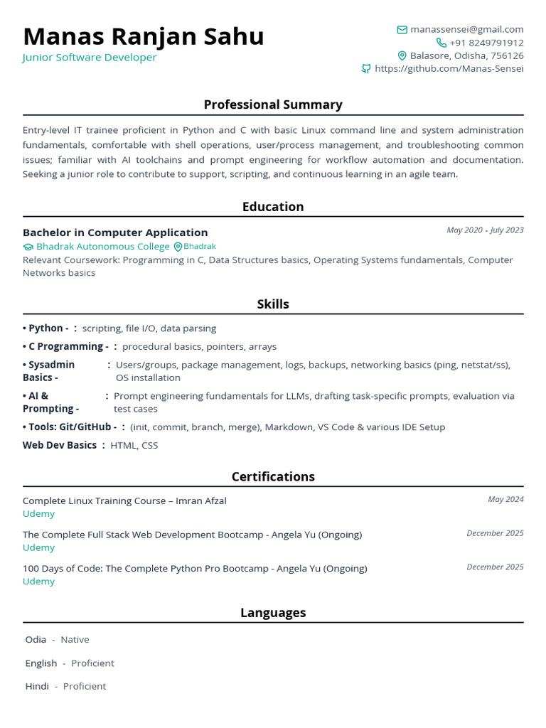 Manas Ranjan Sahu's Resume | PDF