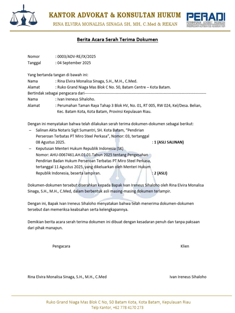 Bap Serah Terima Dokumen Asli - PT Miro Steel Perkasa | PDF