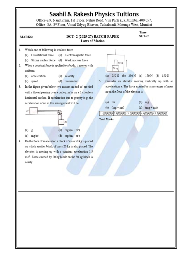 Dct-2 (2025-27) Batch Paper (Laws of Motion) Set C | PDF