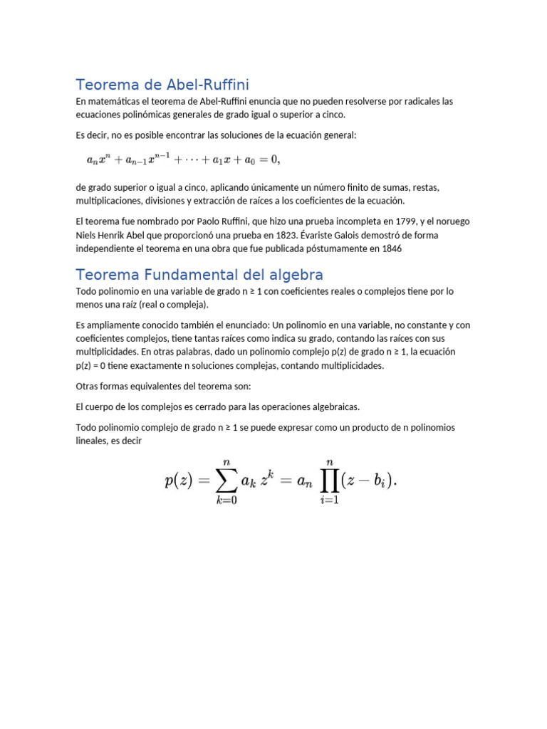 Teorema de Abel-Ruffini y Teorema Fundamental Del Algebra | PDF