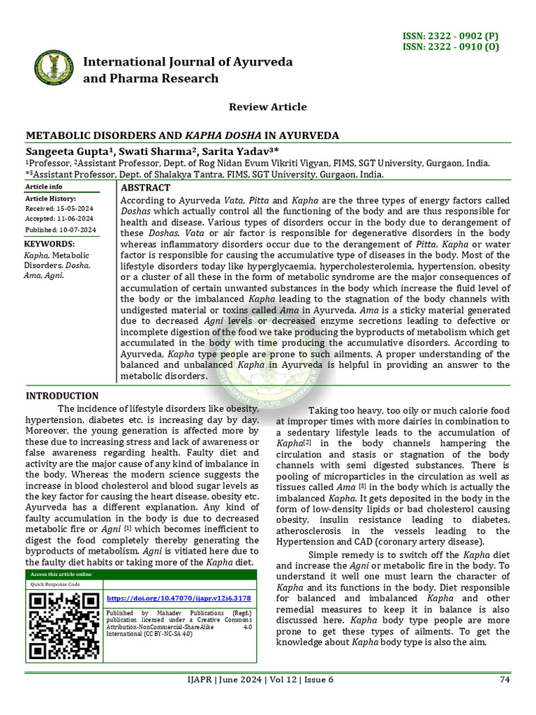 Kapha Dosha and Metabolic Disorders in Ayurveda | PDF | Ayurveda ...