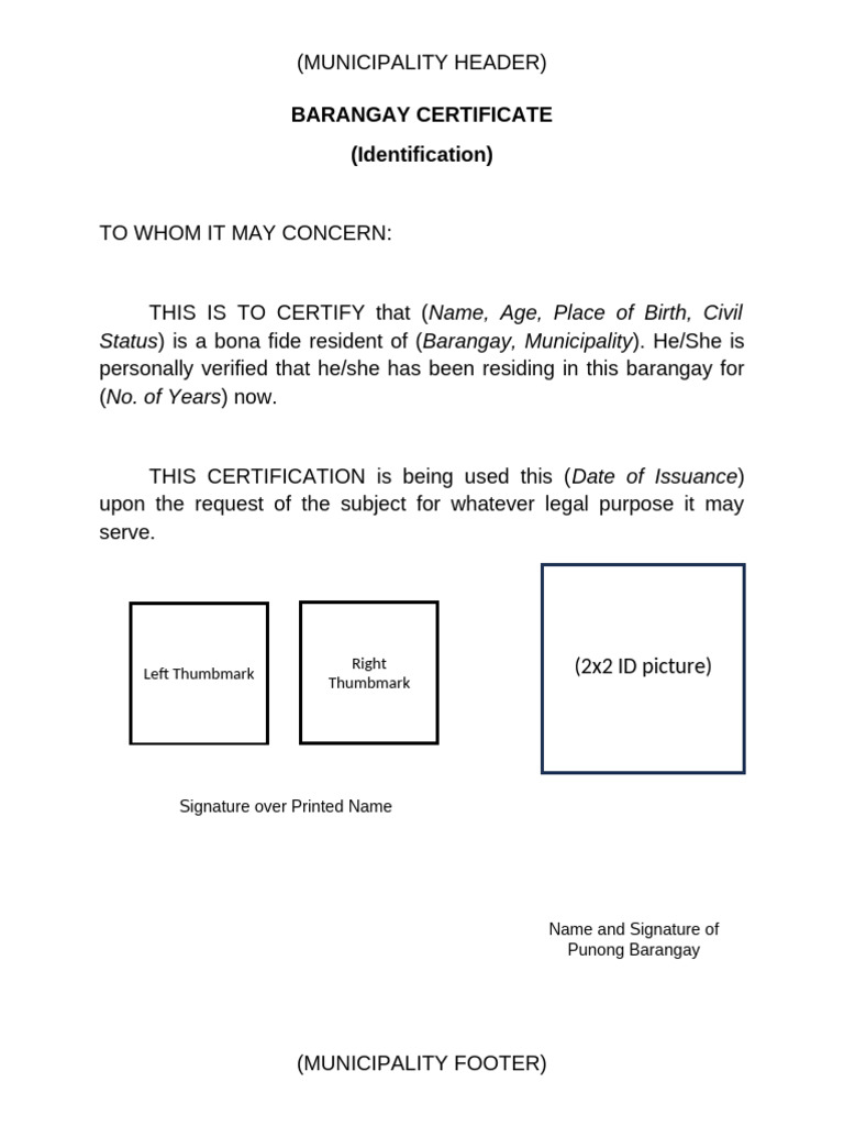Barangay Certificate Identification (Template) | PDF