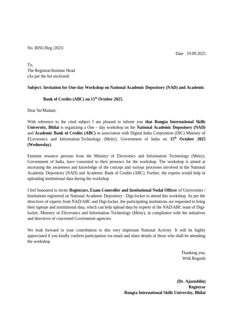Letter of Invitation For One Day Workshop On NAD & ABC | PDF