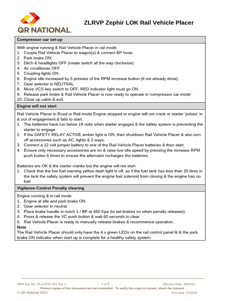 D00008342 Zephir Rail Vehicle Placer - Training Aid | PDF | Motor ...