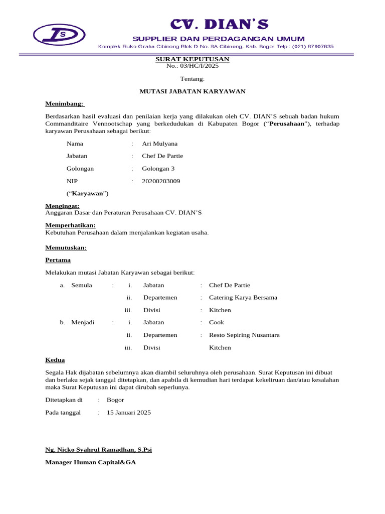 Mutasi Jabatan Karyawan CV. DIAN'S | PDF