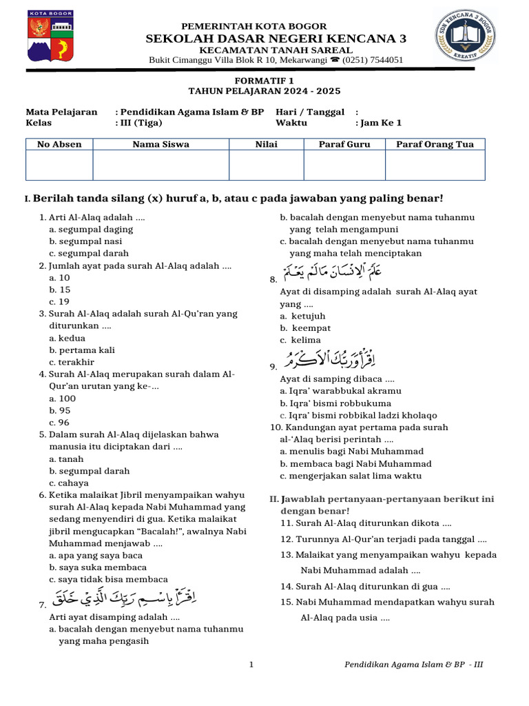 Soal Formatif Kelas 3 | PDF