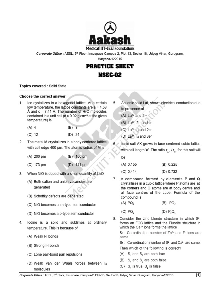 Solid State Practice Sheet NSEC-02 | PDF | Crystal Structure | Salt ...