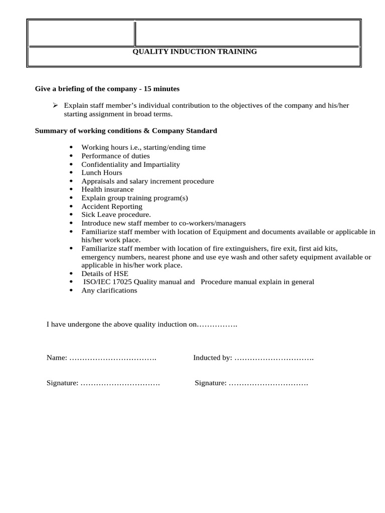 Form Sample For Quality Induction Training | PDF