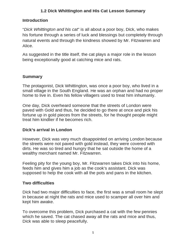 1.2 Dick Whittington and His Cat Lesson Summary | PDF | Adjective ...