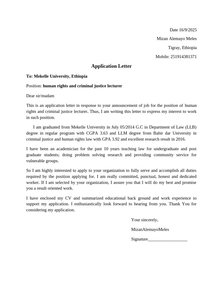 Application for Lecturer Position at Mekelle University | PDF