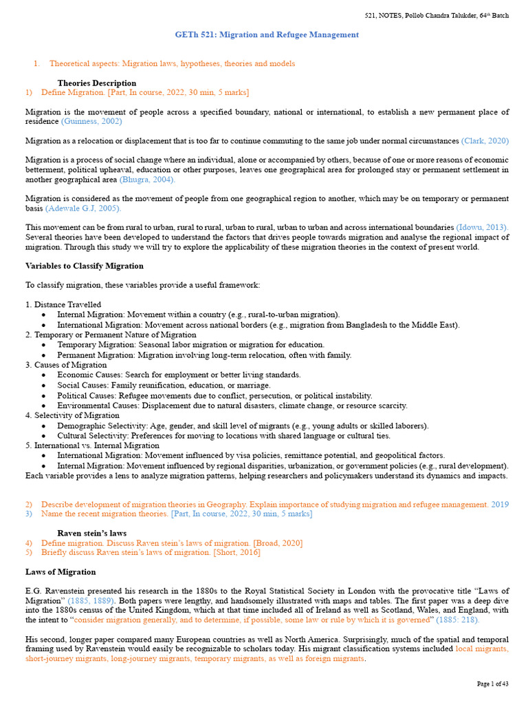 521 NOTES Pollob Chandra Talukder | PDF | Human Migration | Migrant Worker