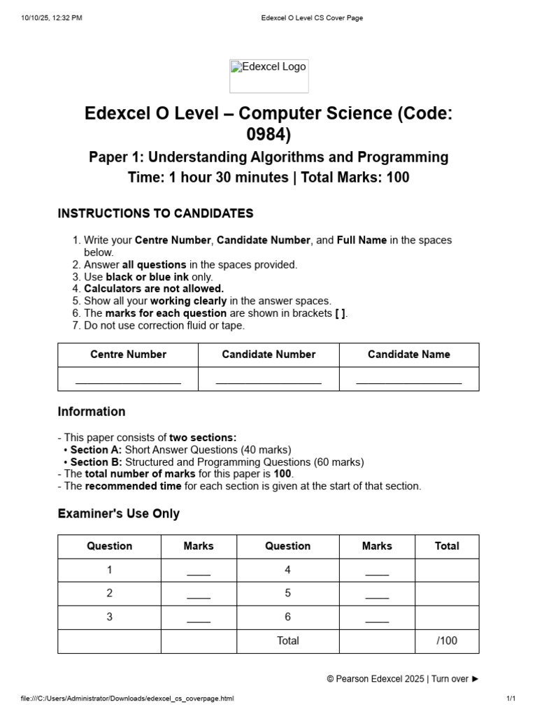 Edexcel O Level CS Cover Page | PDF