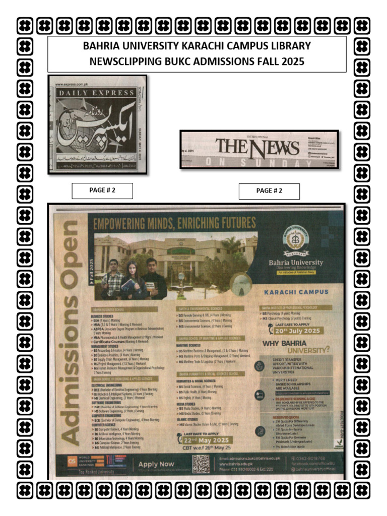 Bukc Admission Fall 2025 The News & Express Sunday 04052025 | PDF