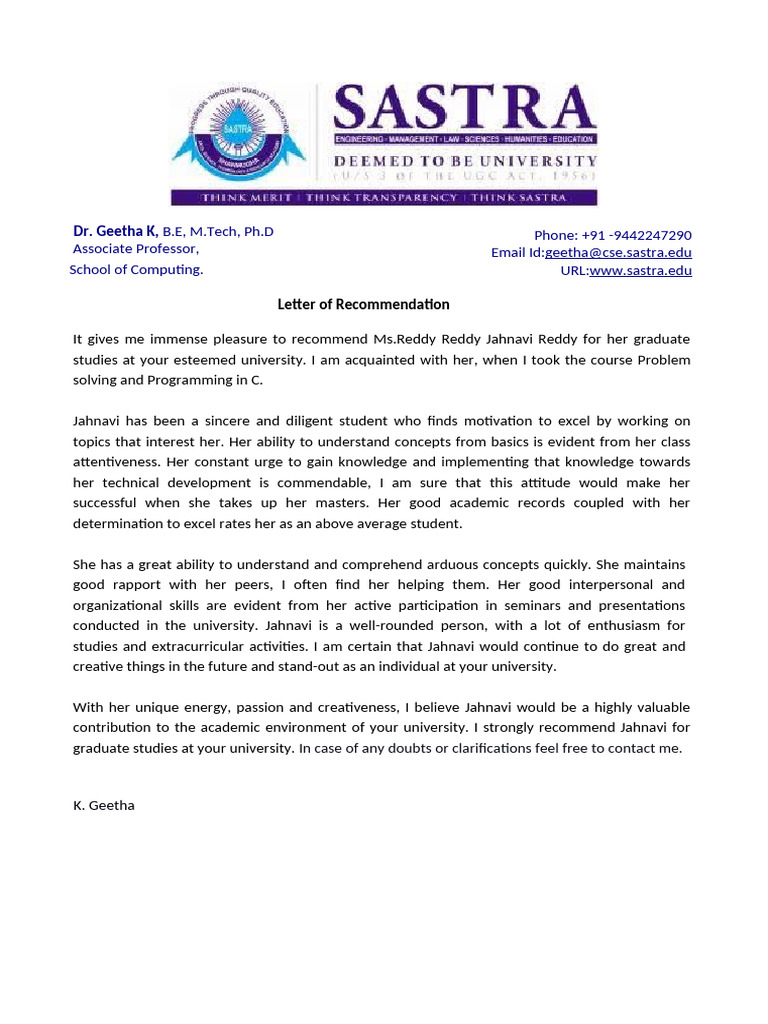 Recommendation for Jahnavi Reddy's Graduate Studies | PDF